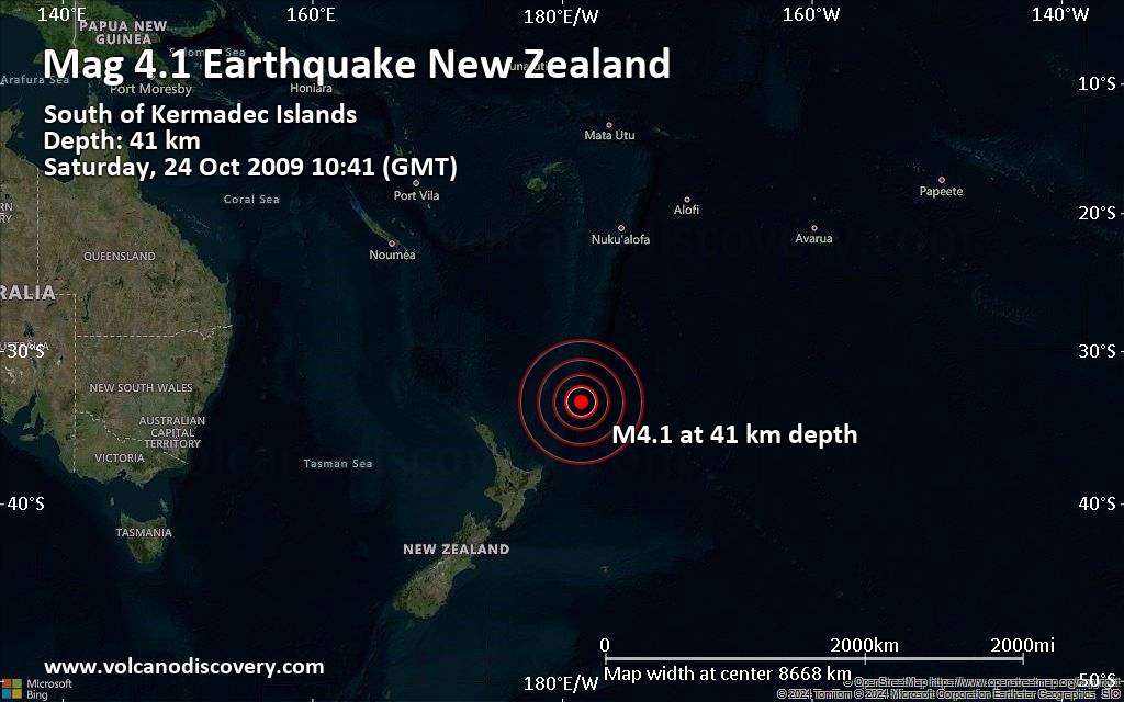 Terremoto moderato mag. 4.1 - South of Kermadec Islands, sabato 24 ott ...