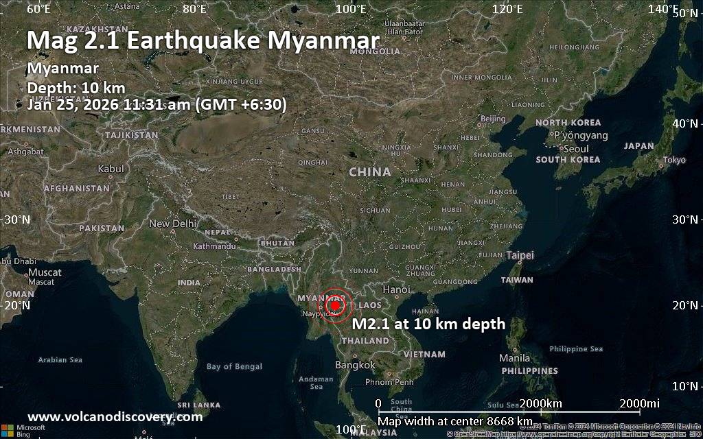 Weak Mag. 2.1 Earthquake - Shan State, 88 km Northeast of Loikaw, Kayah ...