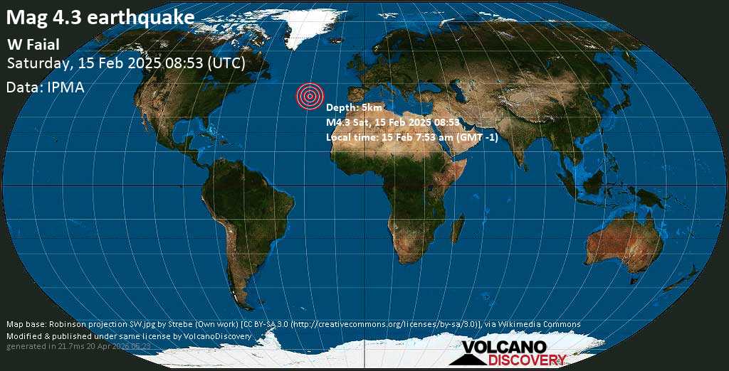 Moderate Mag. 4.3 Earthquake - W Faial on Saturday, Feb 15, 2025, at 07 ...