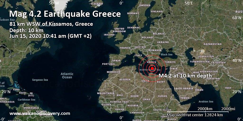 Moderate Mag. 4.2 Earthquake - 81 km WSW of Kíssamos, Greece, on Monday ...