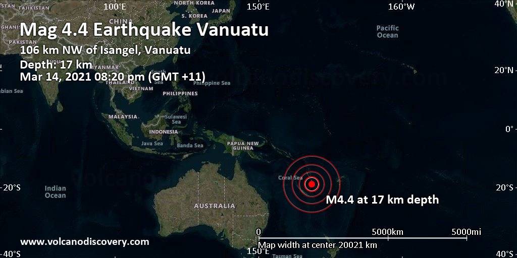 Terremoto moderado mag. 4.4 - 106 km NW of Isangel, Vanuatu, domingo 14 ...