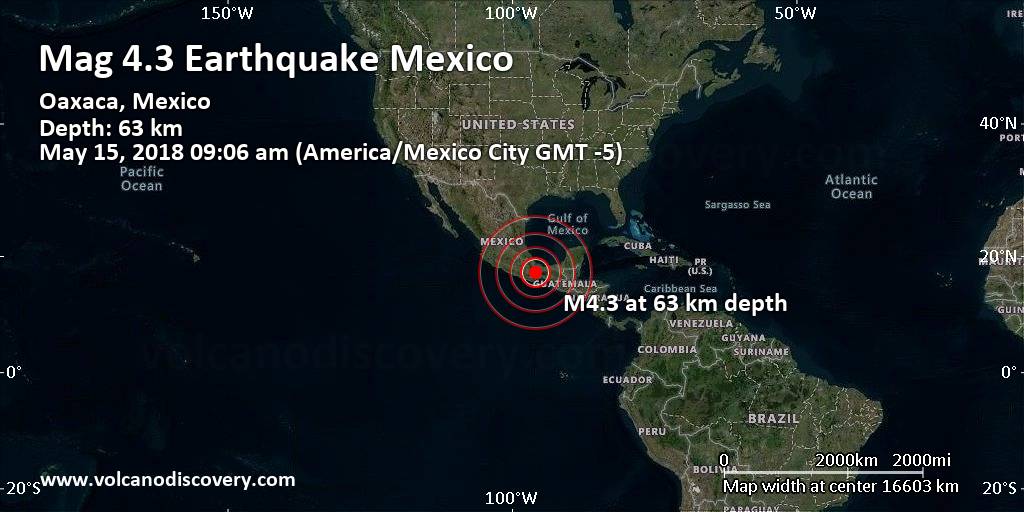 Séisme modéré mag. 4.3 - Oaxaca, Mexique, mardi, 15 mai 2018, à 09:06 ...
