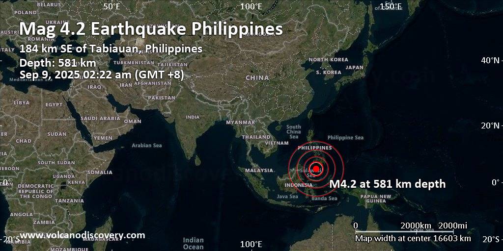 Moderate Mag. 4.2 Earthquake - 184 km SE of Tabiauan, Philippines, on ...