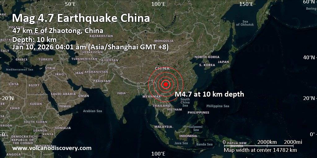 Moderate Mag. 4.7 Earthquake - 47 km East of Zhaotong, Yunnan Sheng ...
