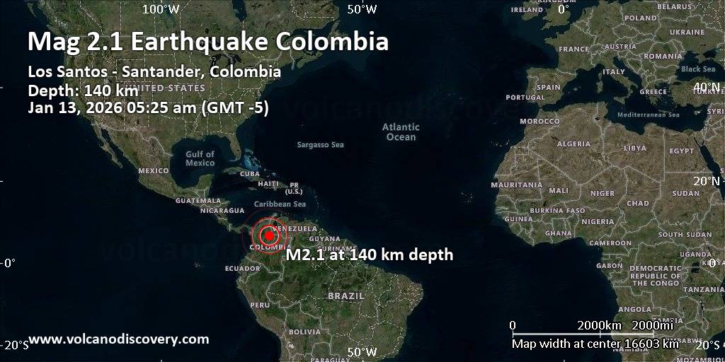 Weak Mag. 2.1 Earthquake - 39 km South of Bucaramanga, Departamento de ...