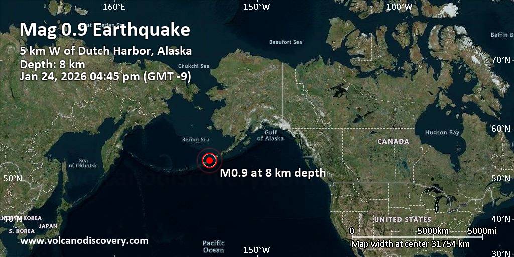 Sehr schwaches Beben Stärke 0.9 - 5.8 km westlich von Dutch Harbor ...