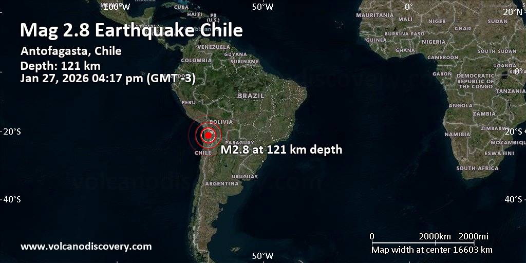 Schwaches Erdbeben Stärke 2.8 - 133 km nördlich von Calama, El Loa ...