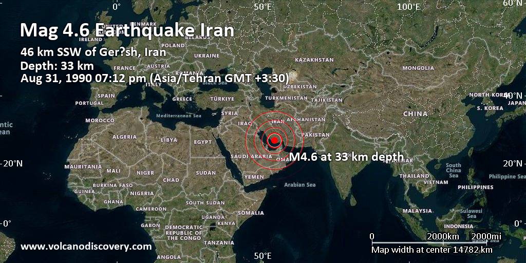 Moderate Mag. 4.6 Earthquake - 46 km SSW of Ger?sh, Iran, on Friday ...