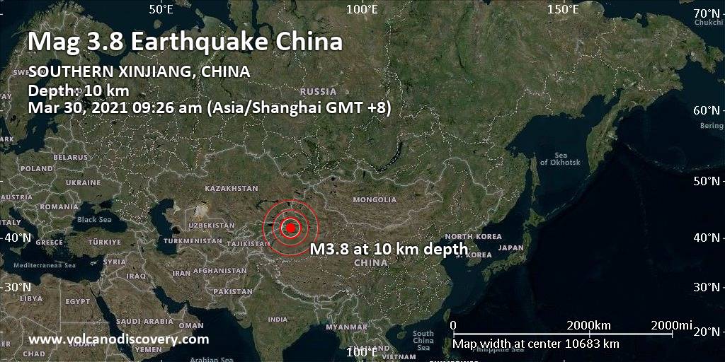 Light Mag. 3.8 Earthquake - SOUTHERN XINJIANG, CHINA, on Tuesday, Mar ...