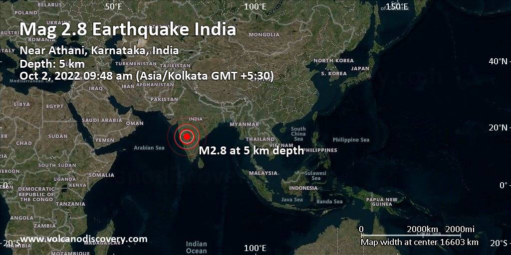 Weak Mag. 2.8 Earthquake - Near Athani, Karnataka, India, on Sunday ...