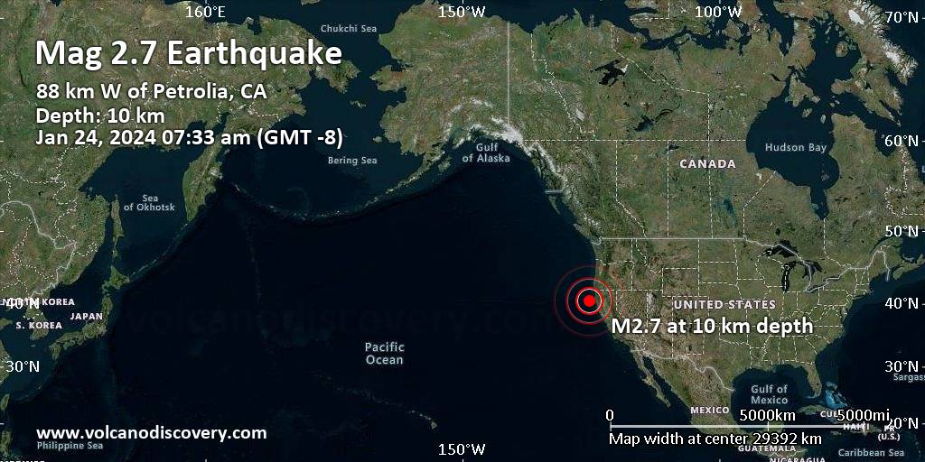 Sismo débil mag. 2.7 - 88 km W of Petrolia, CA, miércoles 24 ene 2024 a ...