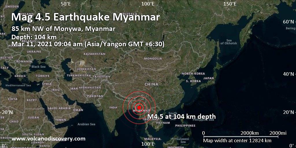 Moderate Mag. 4.5 Earthquake - 85 km NW of Monywa, Myanmar, on Thursday ...