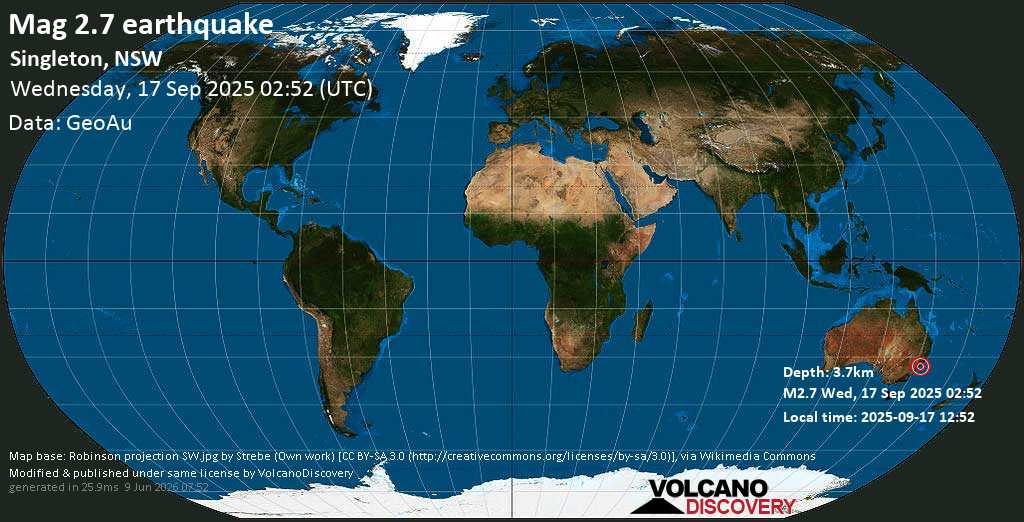 Weak Mag. 2.7 Earthquake - Singleton, 40 km Northwest of Cessnock ...
