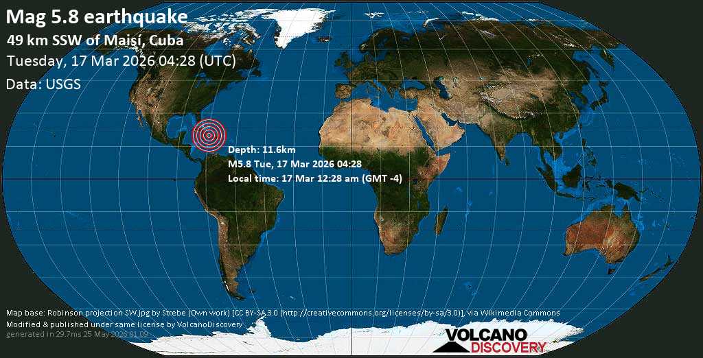 Strong Mag. 5.8 Earthquake - 49 km SSW of Maisí, Cuba, on Tuesday, Mar ...