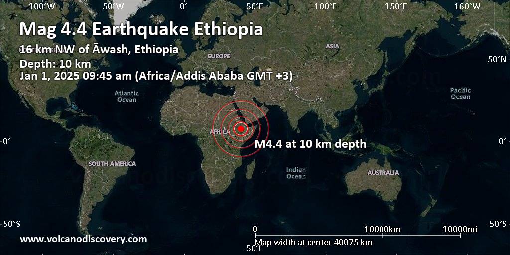 Moderate Mag. 4.4 Earthquake - 16 km NW of Āwash, Ethiopia, on ...