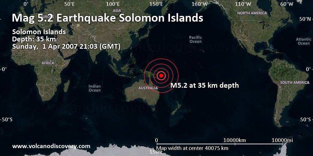 Starkes Beben der Stärke 5.2 - Solomon Islands am Sonntag, 1. April ...