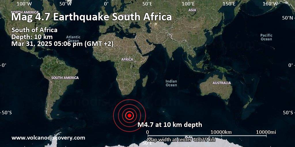Moderate Mag. 4.7 Earthquake - South of Africa on Monday, Mar 31, 2025 ...