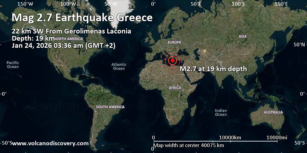Weak Mag. 2.7 Earthquake - Ionian Sea, 77 km South of Kalamata, Nomos ...