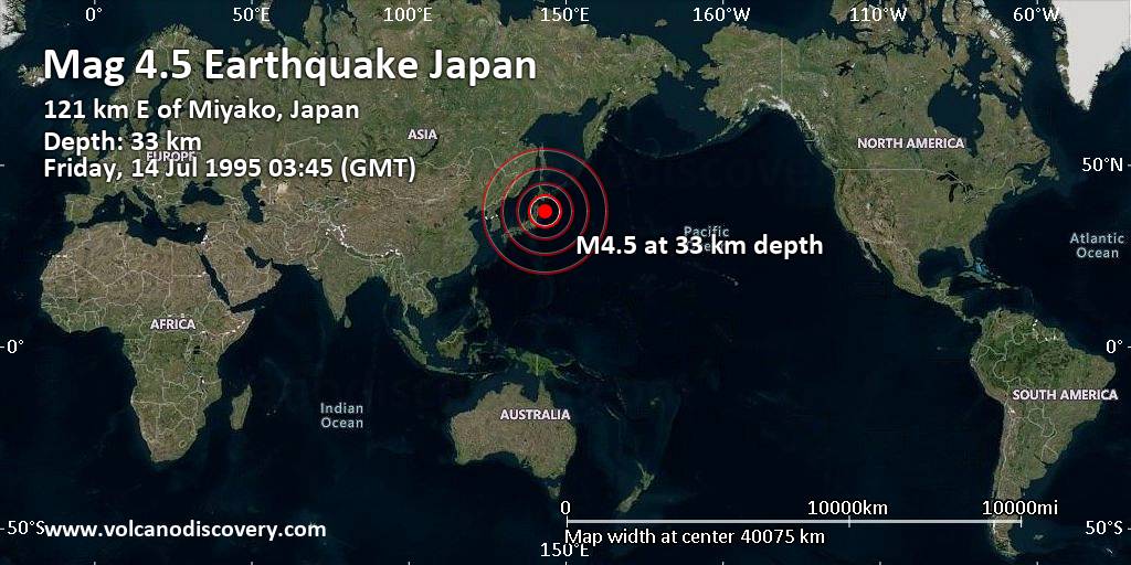 Moderate Mag. 4.5 Earthquake - 121 km E of Miyako, Japan, on Friday ...
