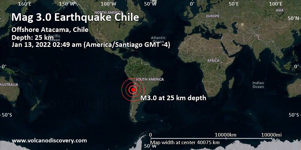 Light Mag. 3.0 Earthquake - Offshore Atacama, Chile, on Thursday, Jan ...