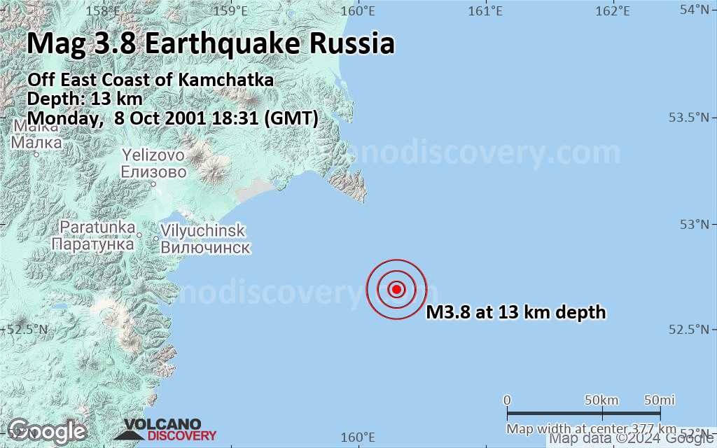 Light Mag. 3.8 Earthquake - Off East Coast of Kamchatka on Monday, Oct ...