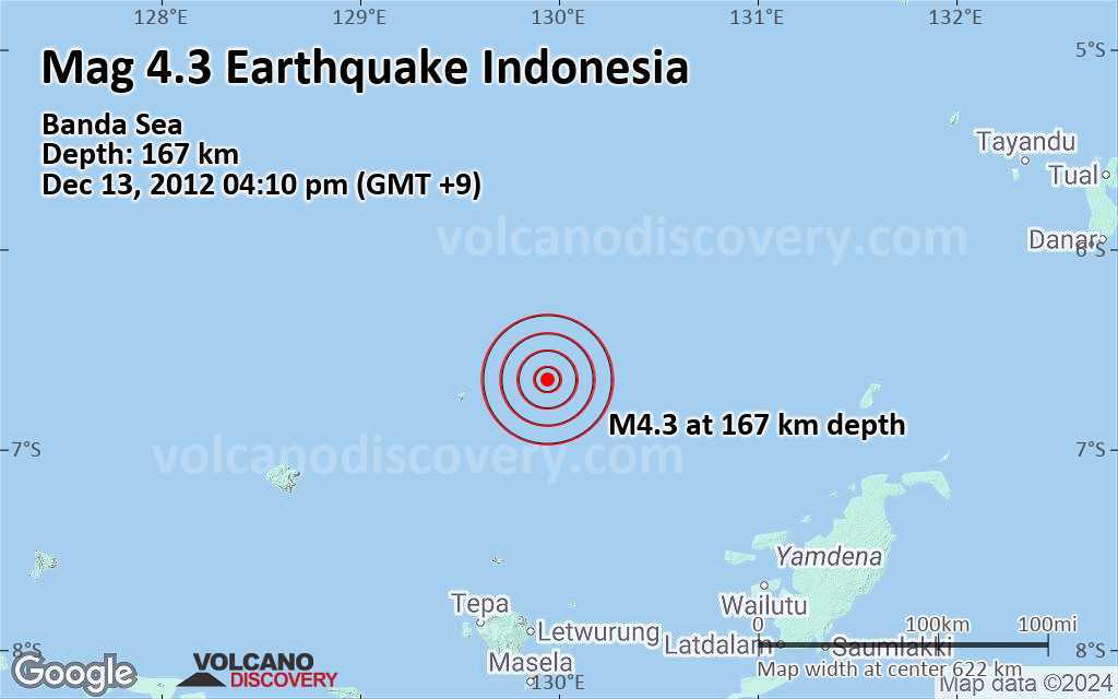 Moderates Erdbeben der Stärke 4.3 - Banda Sea, 39 km südlich von Pulau ...