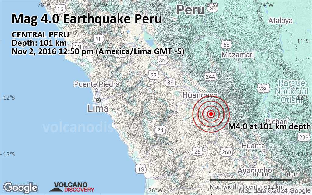 Séisme modéré mag. 4.0 - CENTRAL PERU, mercredi, 2 nov. 2016, à 12:50 ...