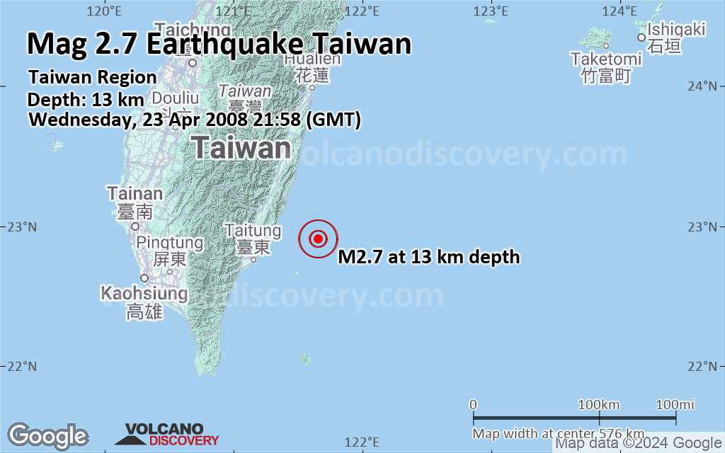 Weak Mag. 2.7 Earthquake - Taiwan Region on Wednesday, Apr 23, 2008, at ...