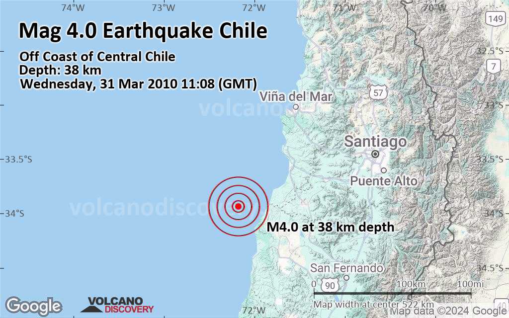 Moderate Mag. 4.0 Earthquake - Off Coast of Central Chile on Wednesday ...