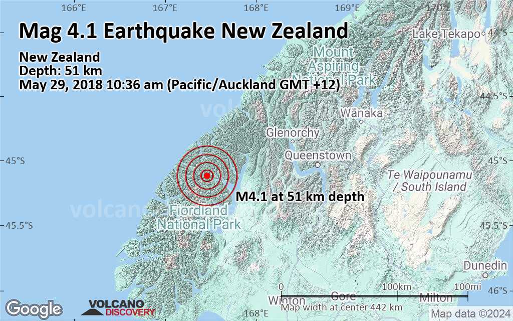 Séisme modéré mag. 4.1 - 39 km au nord-ouest de Te Anau, Southland ...