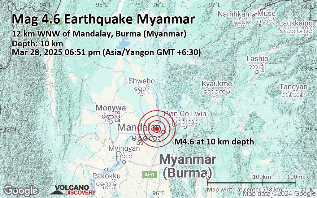 Moderate Mag. 4.5 Earthquake - Sagaing, 78 km Northeast of Myingyan ...