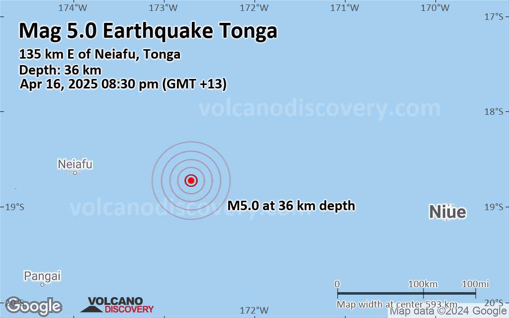Strong Mag. 5.0 Earthquake - South Pacific Ocean, 136 km East of Neiafu ...