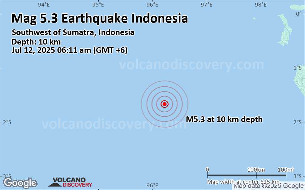 Strong Mag. 5.3 Earthquake - Indian Ocean, 255 km Southwest of Pulau ...