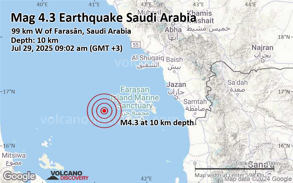 Moderate Mag. 4.3 Earthquake - Red Sea, 50 km Southwest of Sindi Sarso ...