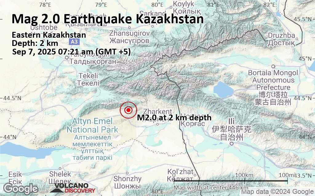 Weak Mag. 2.0 Earthquake (unconfirmed) - 46 km Northwest of Zharkent ...