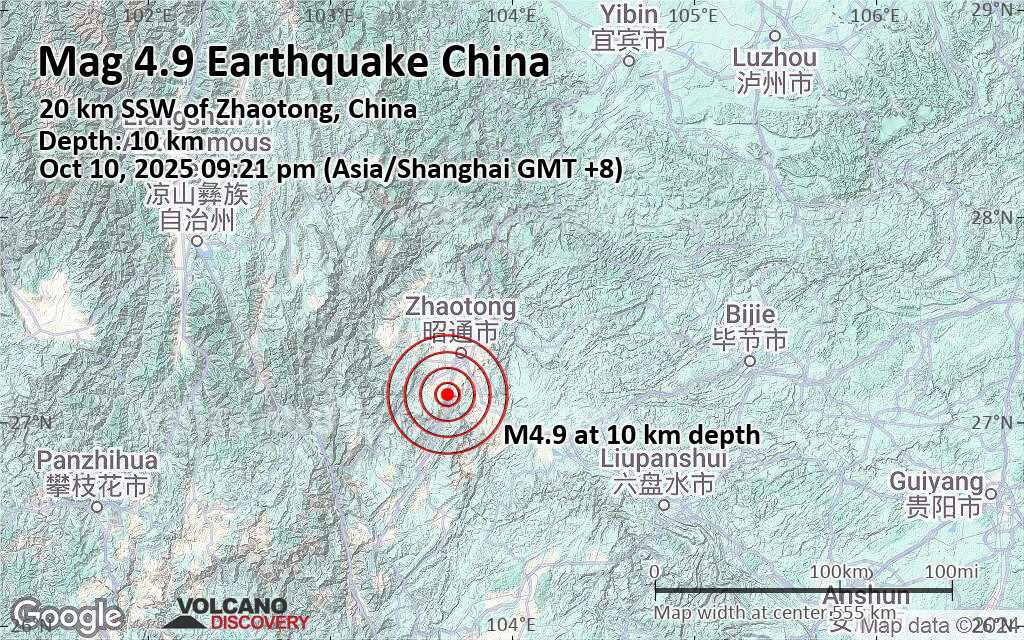 Moderate Mag. 4.9 Earthquake - 20 km SSW of Zhaotong, China, on Friday ...