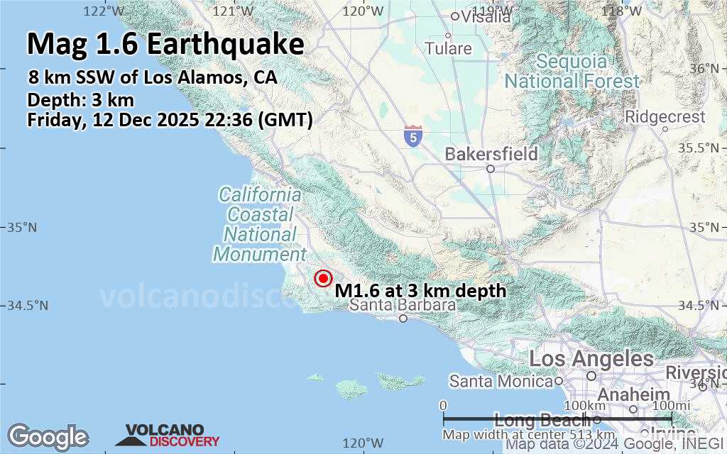 Minor Mag. 1.6 Earthquake - 8 km SSW of Los Alamos, CA, on Friday, Dec ...