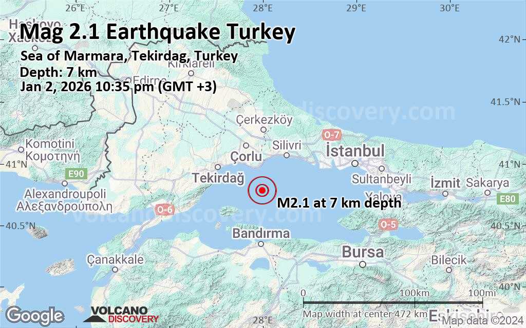 Weak Mag. 2.1 Earthquake - Sea of Marmara, 46 km Southeast of Tekirdag ...