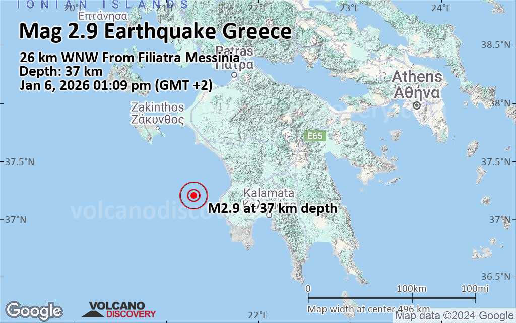 Weak Mag. 2.9 Earthquake - Ionian Sea, 54 km South of Pyrgos, Ilia ...
