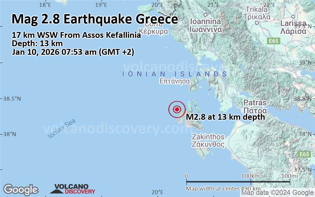 Weak Mag. 2.8 Earthquake - Ionian Sea, 23 km Northwest of Kefalonia ...