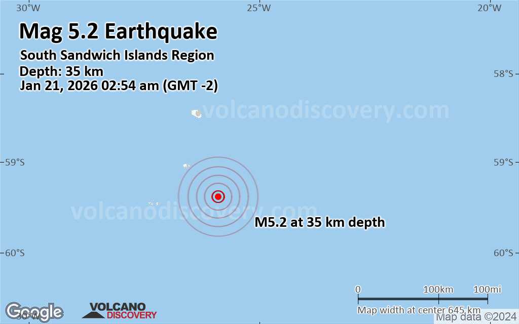 Strong Mag. 5.2 Earthquake - South Atlantic Ocean, 54 km Southeast of ...