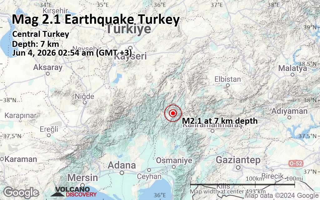 Weak Mag. 2.1 Earthquake - Adana, 33 km Southwest of Goeksun ...