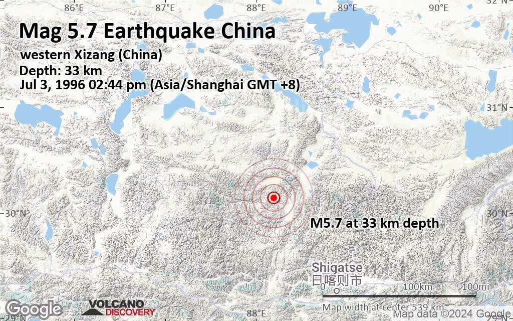 Starkes Beben der Stärke 5.7 - 120 km nordwestlich von Samzhubzê, Tibet ...
