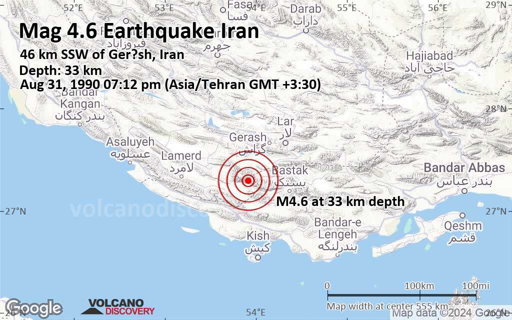 Moderate Mag. 4.6 Earthquake - 46 km SSW of Ger?sh, Iran, on Friday ...