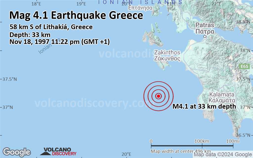Séisme modéré mag. 4.1 - Ionian Sea, 66 km au sud de Zakynthos , Nomos ...