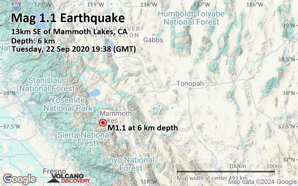 Sehr schwaches Beben Stärke 1.1 - 14 km südöstlich von Mammoth Lakes ...