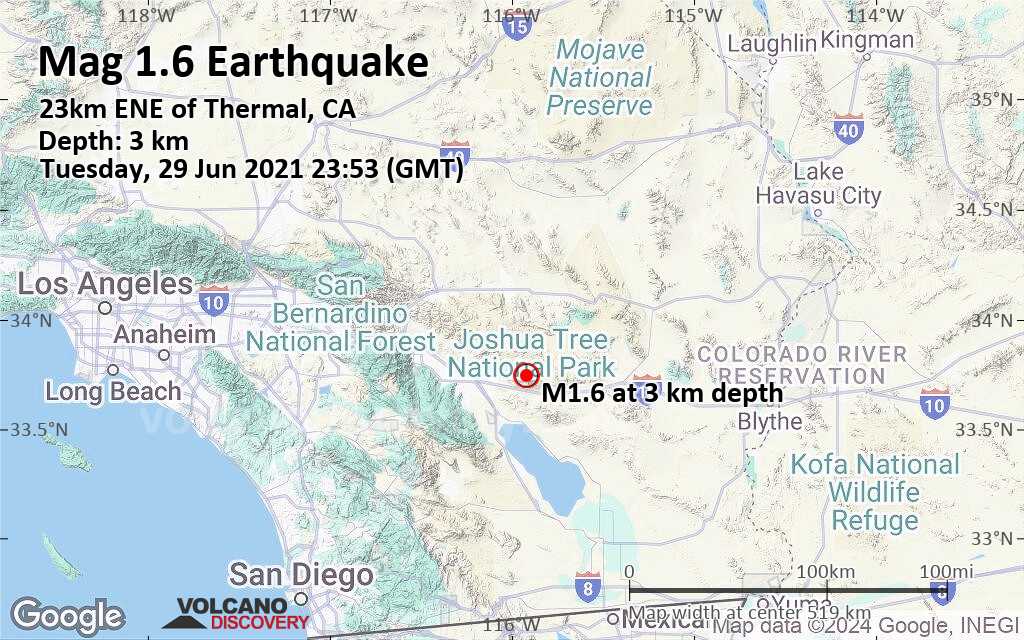 Sismo muy débil mag. 1.6 - 27 km al este de Indio, Condado de Riverside ...