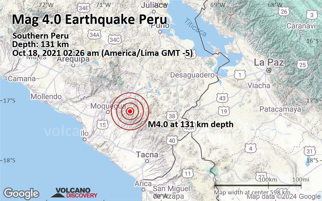 Moderate Mag. 4.0 Earthquake - Southern Peru on Monday, Oct 18, 2021 ...