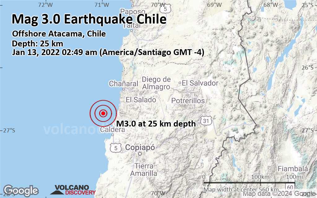 Light Mag. 3.0 Earthquake - Offshore Atacama, Chile, on Thursday, Jan ...