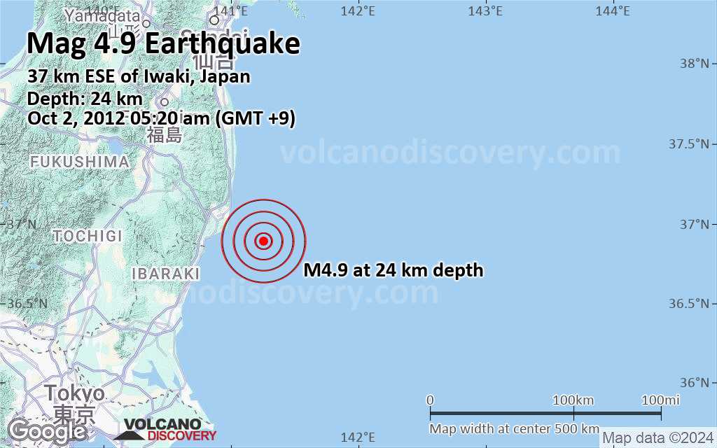 Terremoto moderado mag. 4.9 - 37 km ESE of Iwaki, Japan, martes 2 oct ...